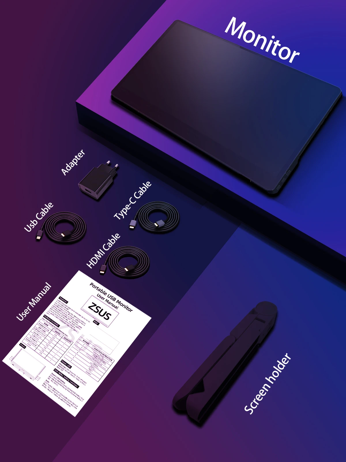 ZSUS 2160*1440 14-inch 2K Portable Monitor 60HZ For Laptop XBox PS4 / 5 Switch TV Box Cell Phone ...