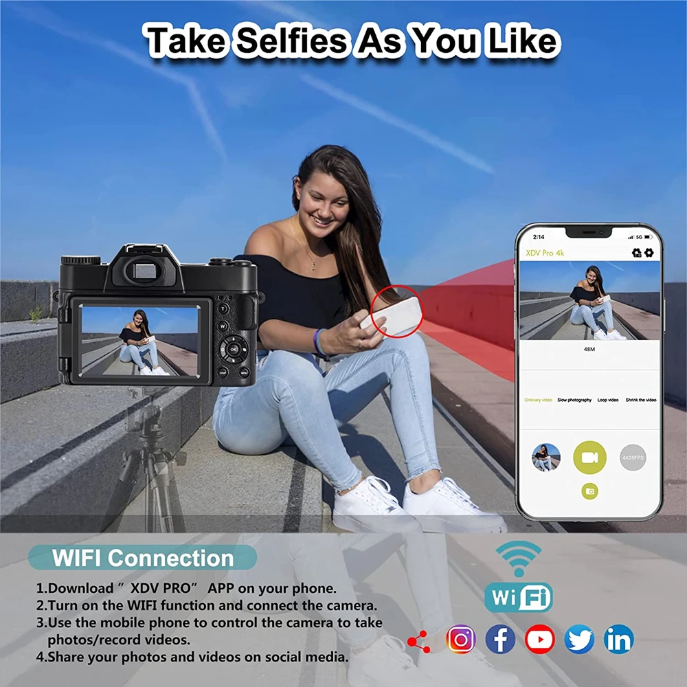 4K Digital Camera for Photography 48MP WiFi Autofocus Compact Video Camera 16X Digital Zoom Anti ...